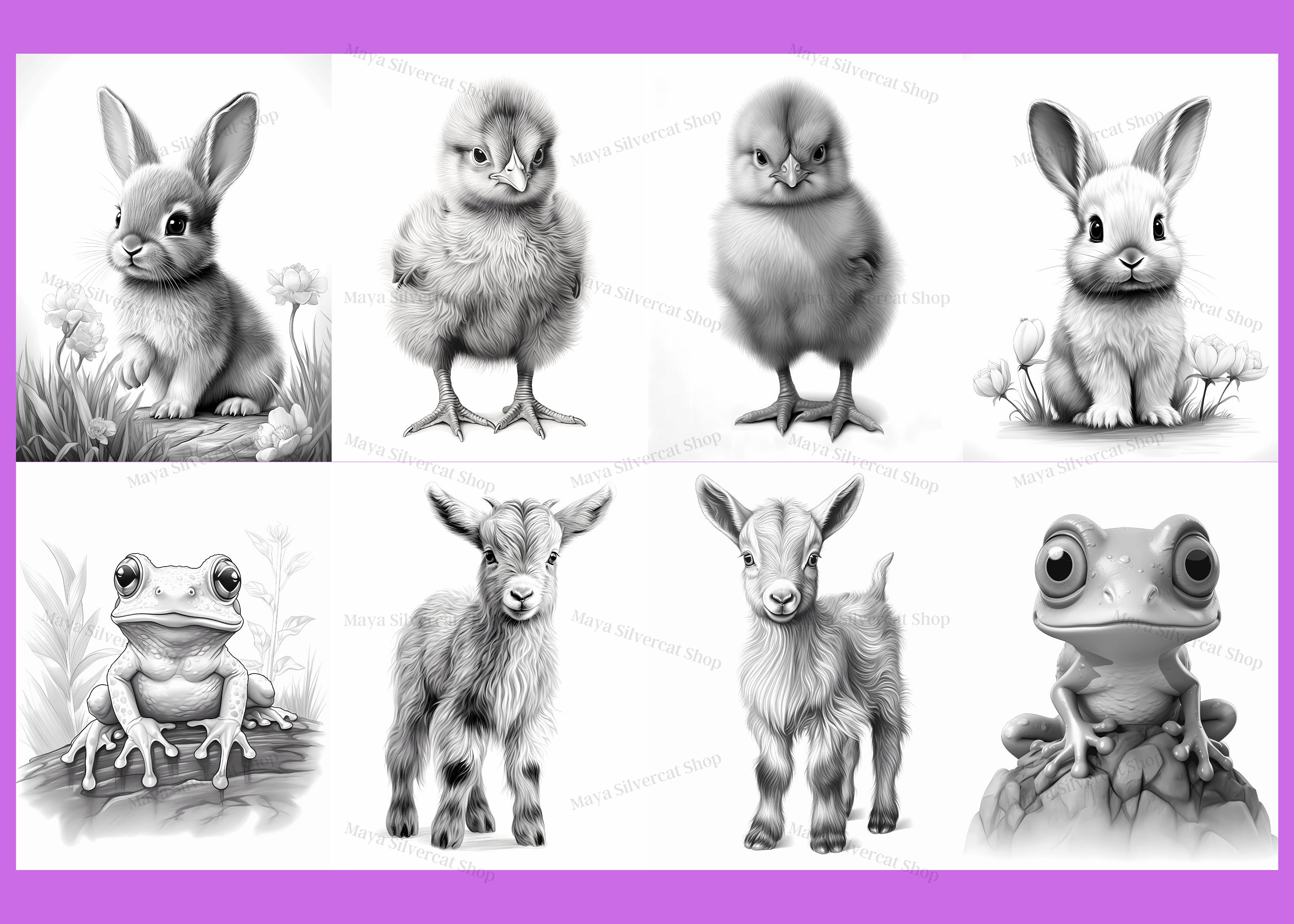 Realistic Baby Animals, Grayscale Coloring Pages for Adults / 53 ...