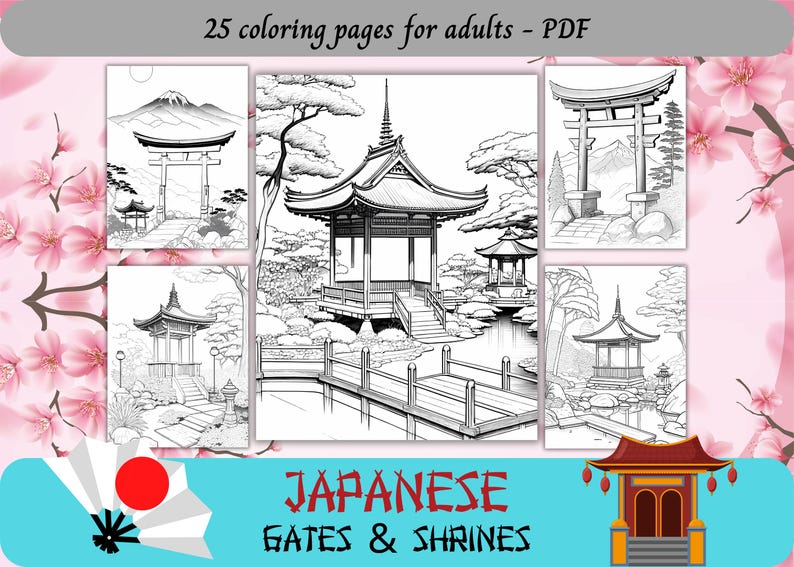Japanese Gates & Shrines, Coloring Pages for Adults | 25 Printable ...