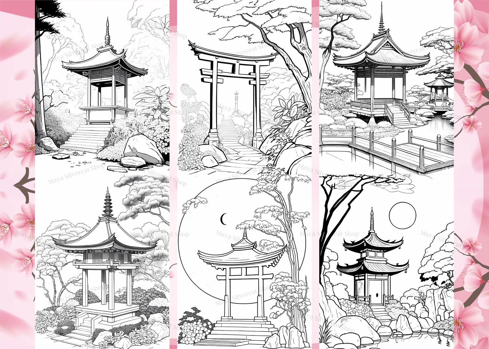 Japanese Gates & Shrines, Coloring Pages for Adults | 25 Printable ...