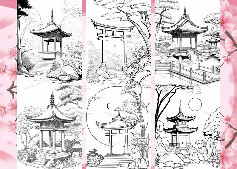 Japanese Gates & Shrines, Coloring Pages for Adults | 25 Printable ...