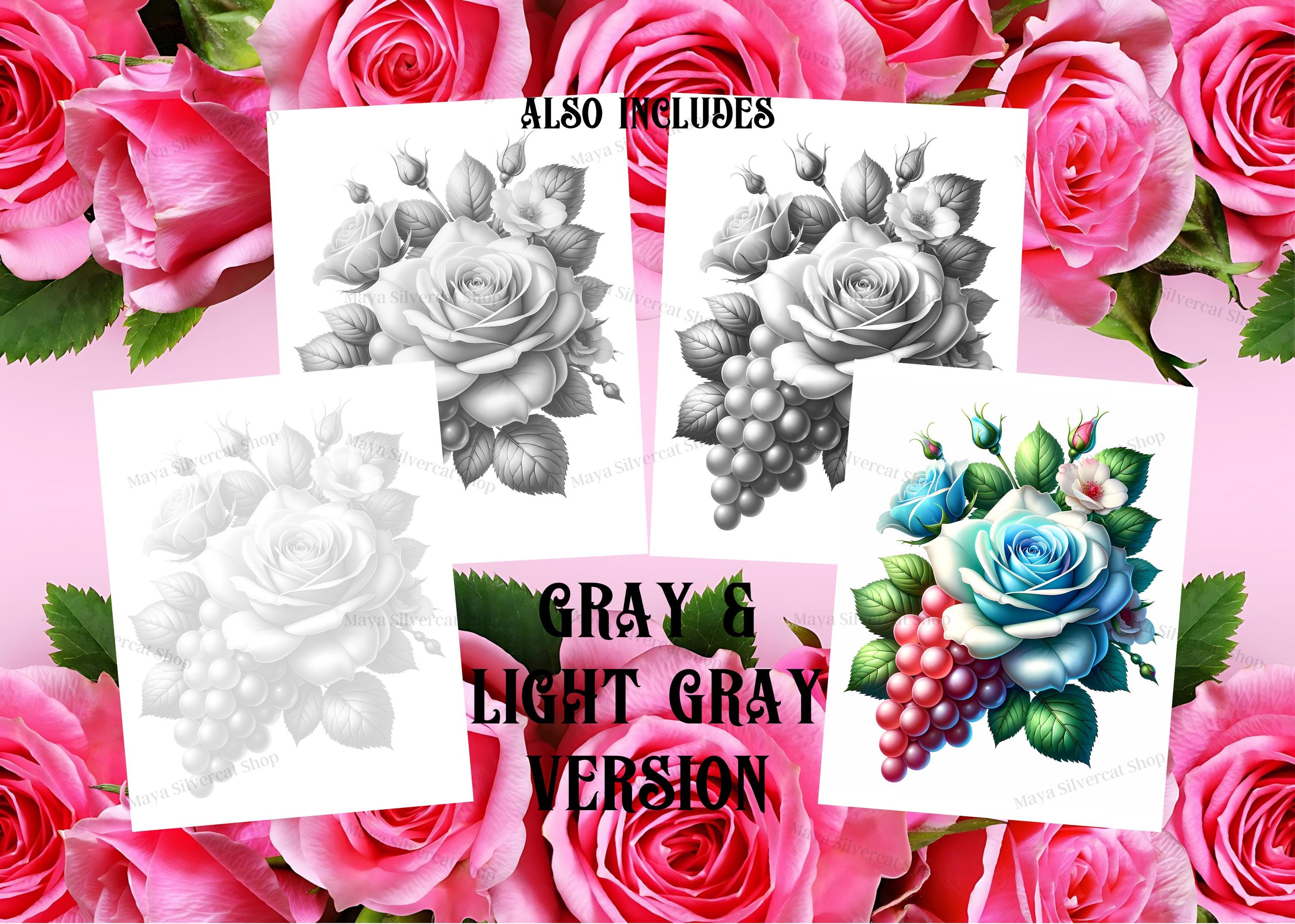Lovely Roses, Grayscale Coloring Pages for Adults | 40 Printable Pages ...