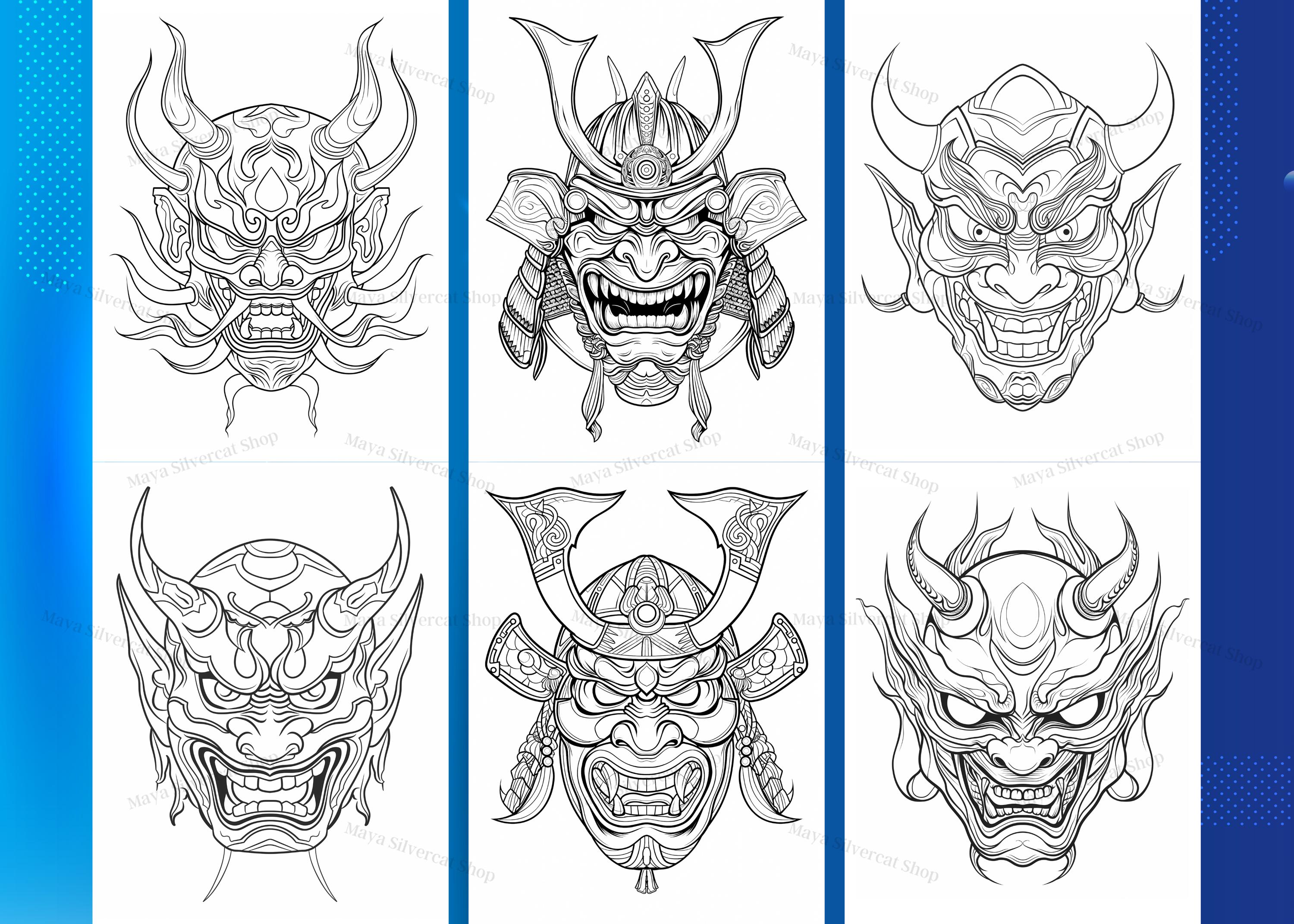 Japanese Demon Masks, Oni Samurai, Coloring Pages for Adults | 42 ...