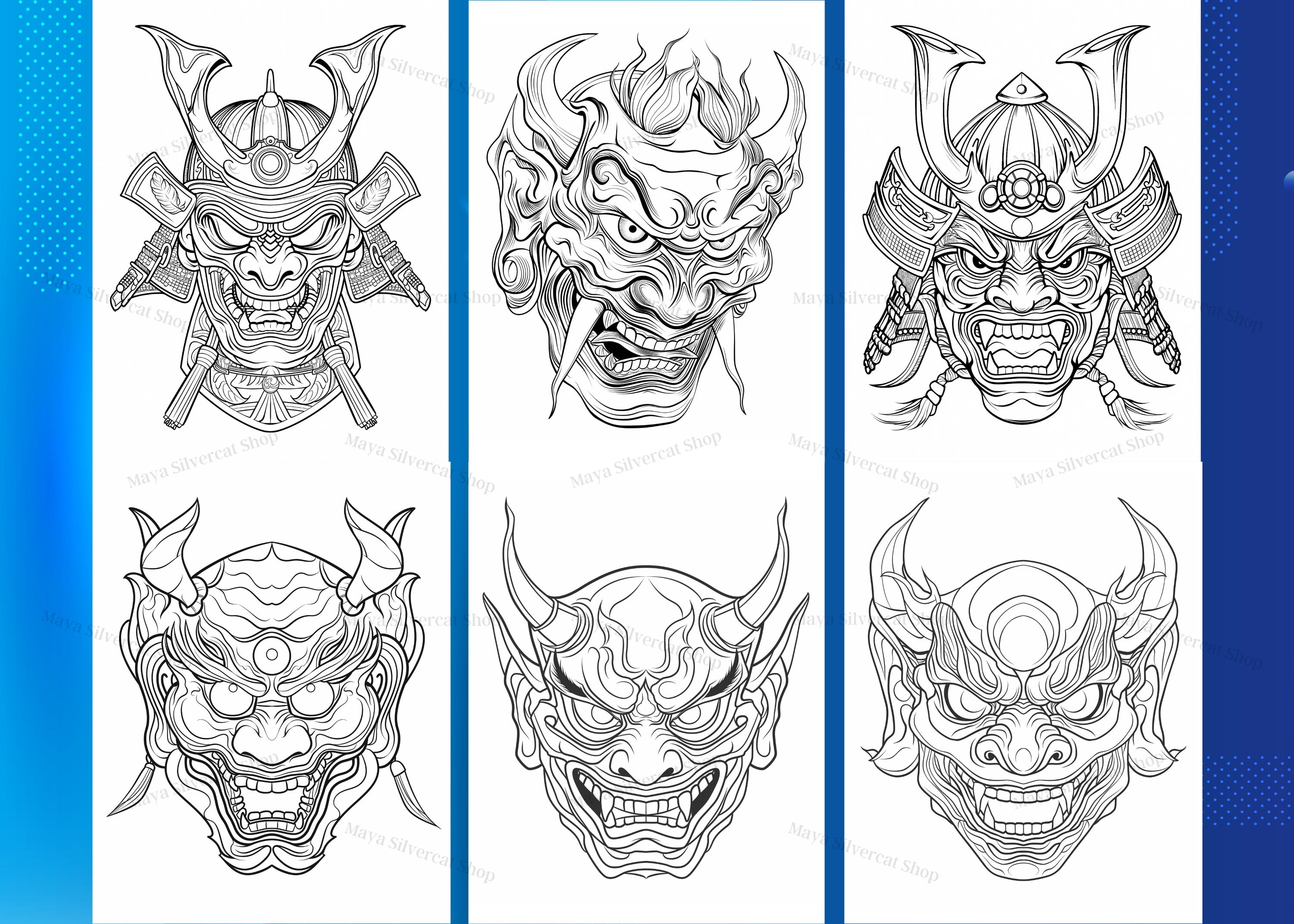 Japanese Demon Masks, Oni Samurai, Coloring Pages for Adults | 42 ...