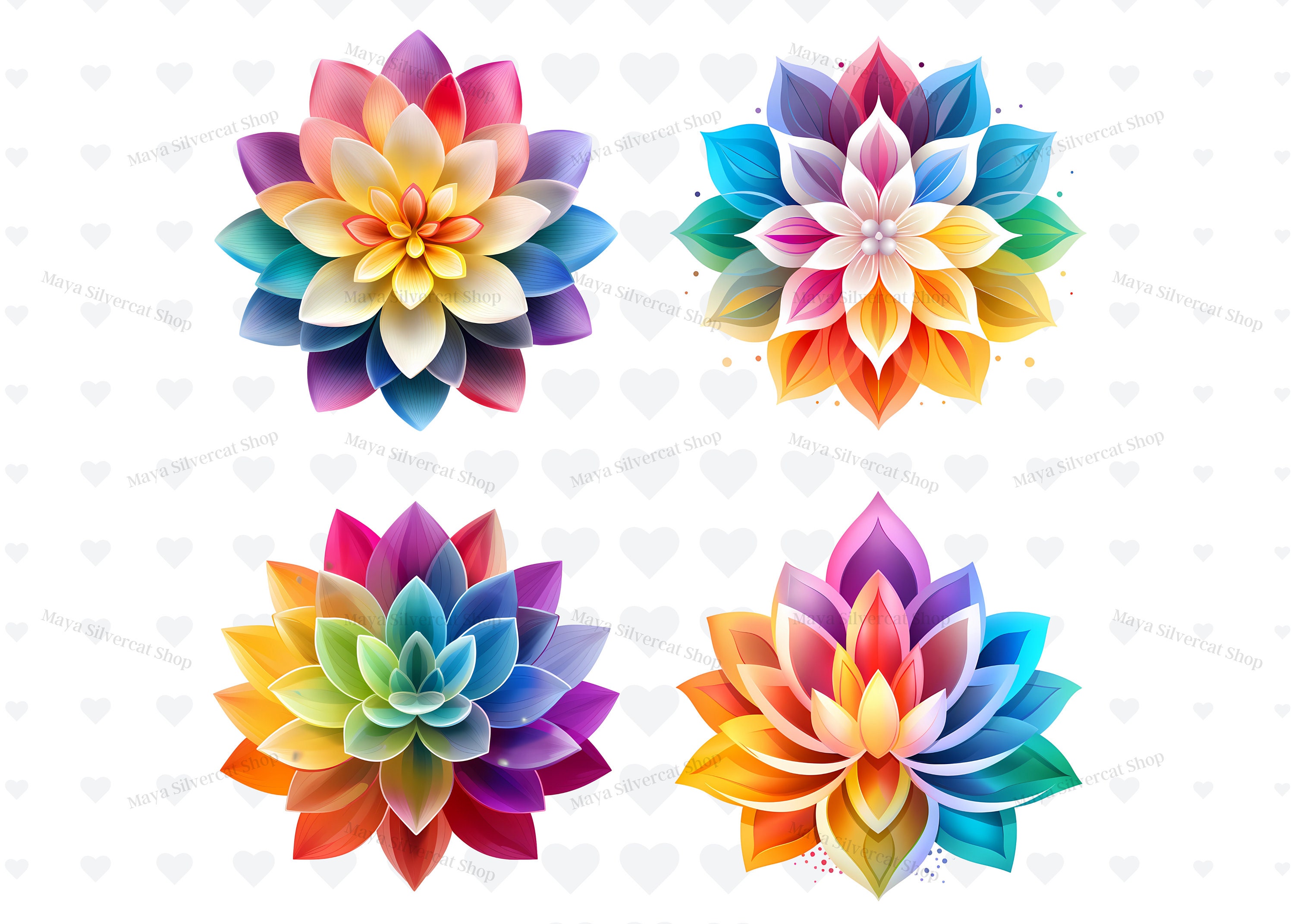 16 Stylized Lotus Flowers Clipart Set1 - Rainbow Colors / Instant ...