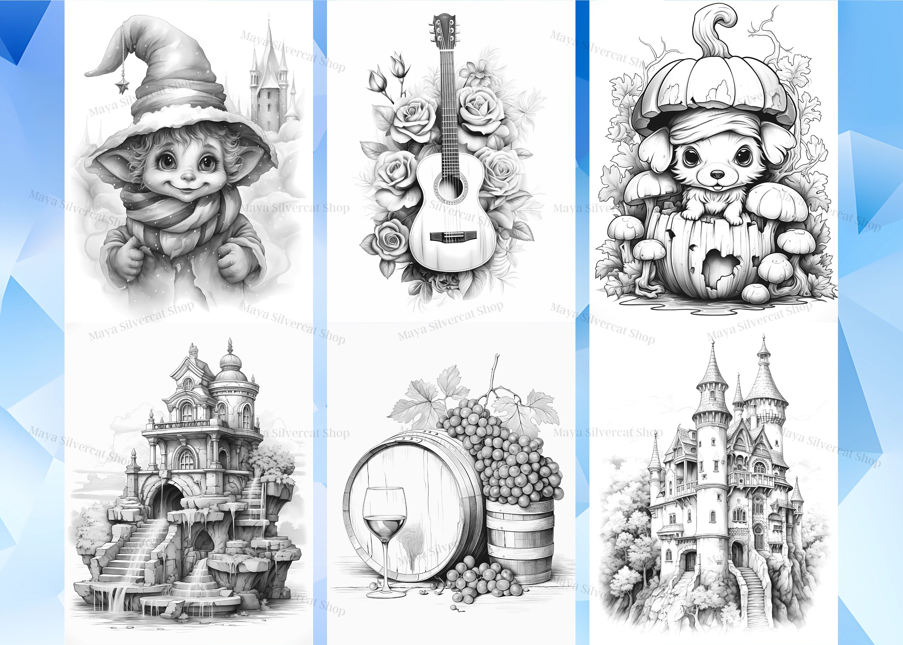 Random Grayscale Fun Set2, Coloring Pages for Adults / 35 Printable ...