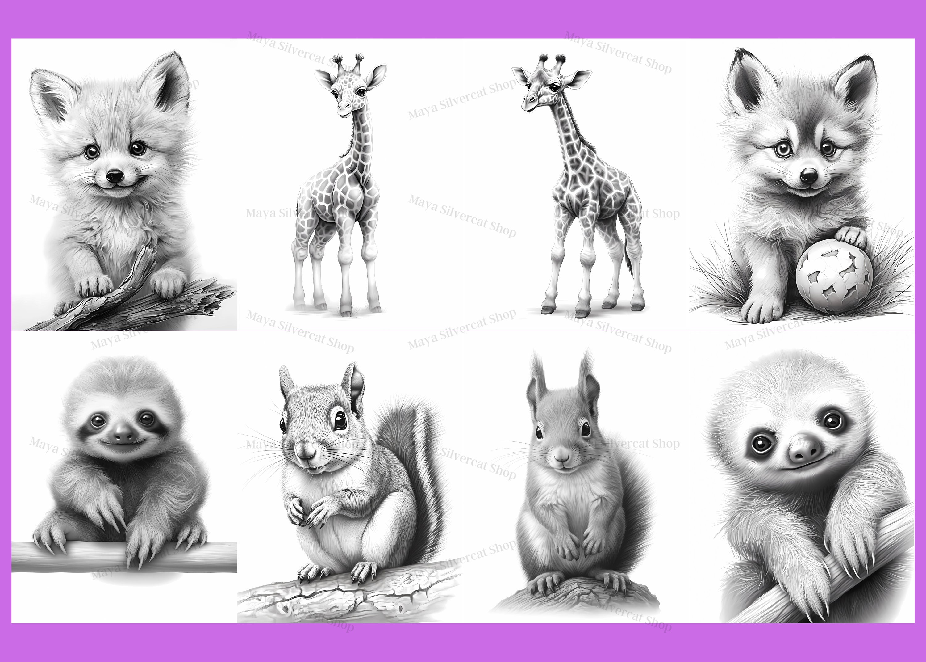 Realistic Baby Animals, Grayscale Coloring Pages for Adults / 53 ...