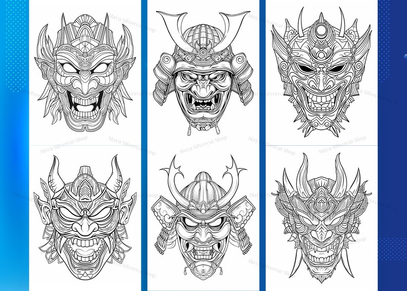 Japanese Demon Masks, Oni Samurai, Coloring Pages for Adults | 42 ...