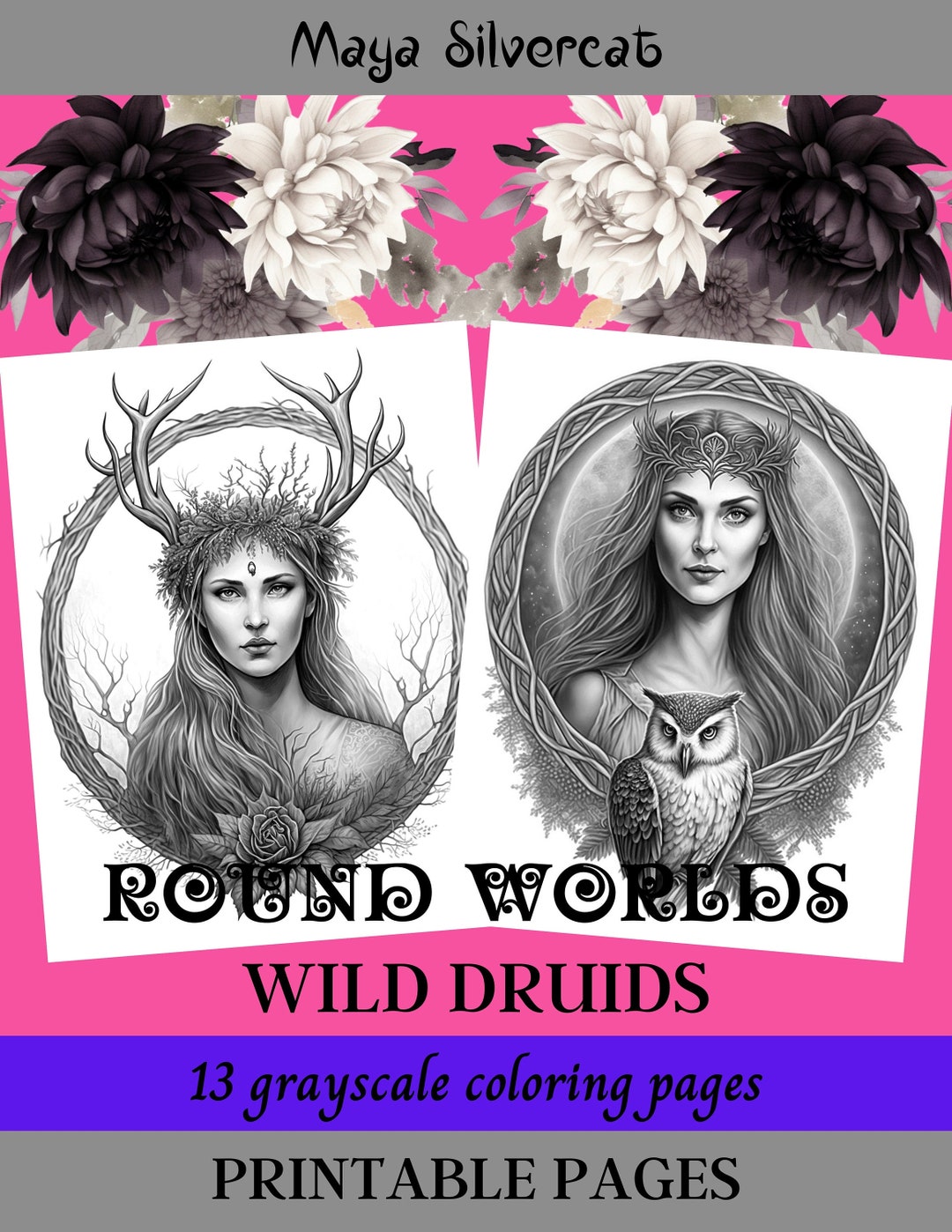 Round Worlds - Wild Druids, Grayscale Coloring Pages for Adults / 13 ...