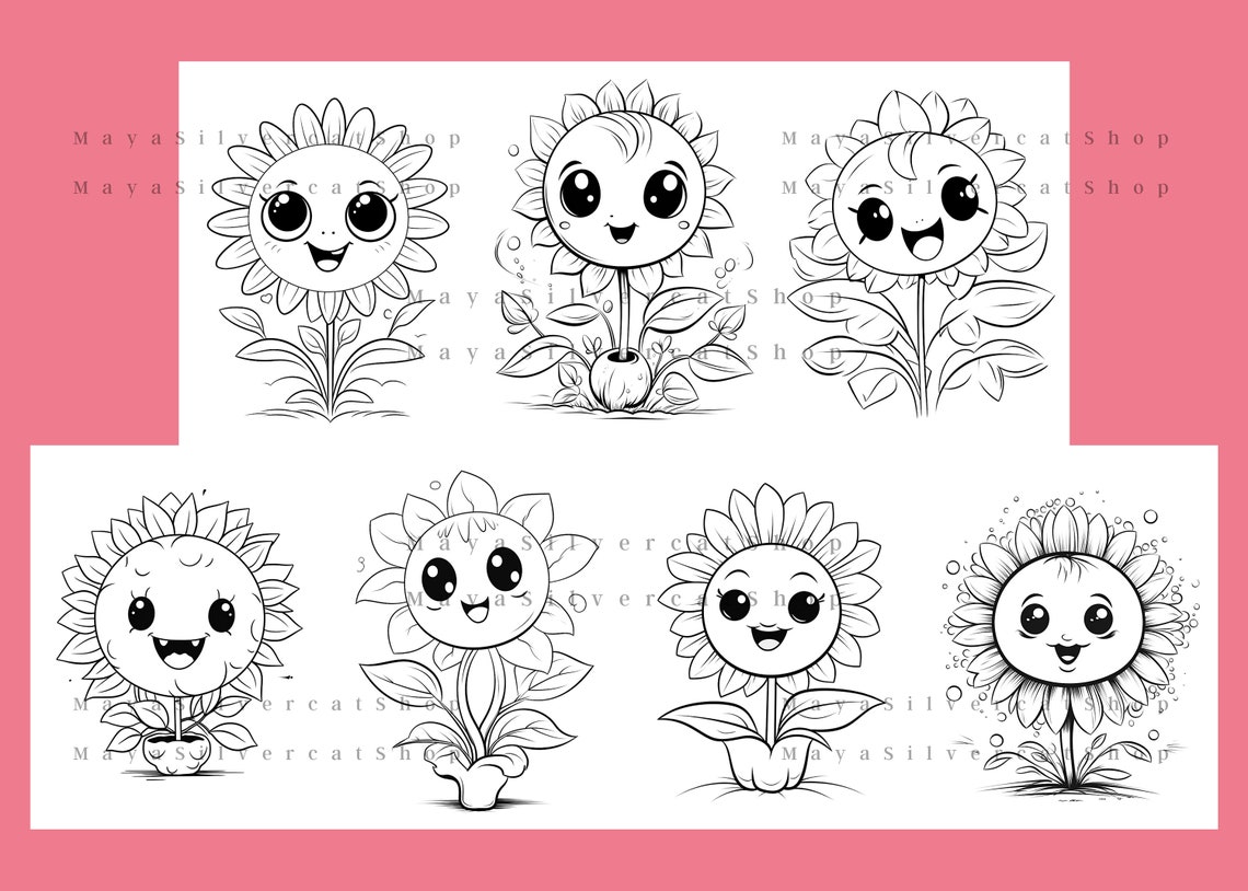 Kawaii Flowers, Coloring Pages for Kids | 15 Printable Pages | Instant ...