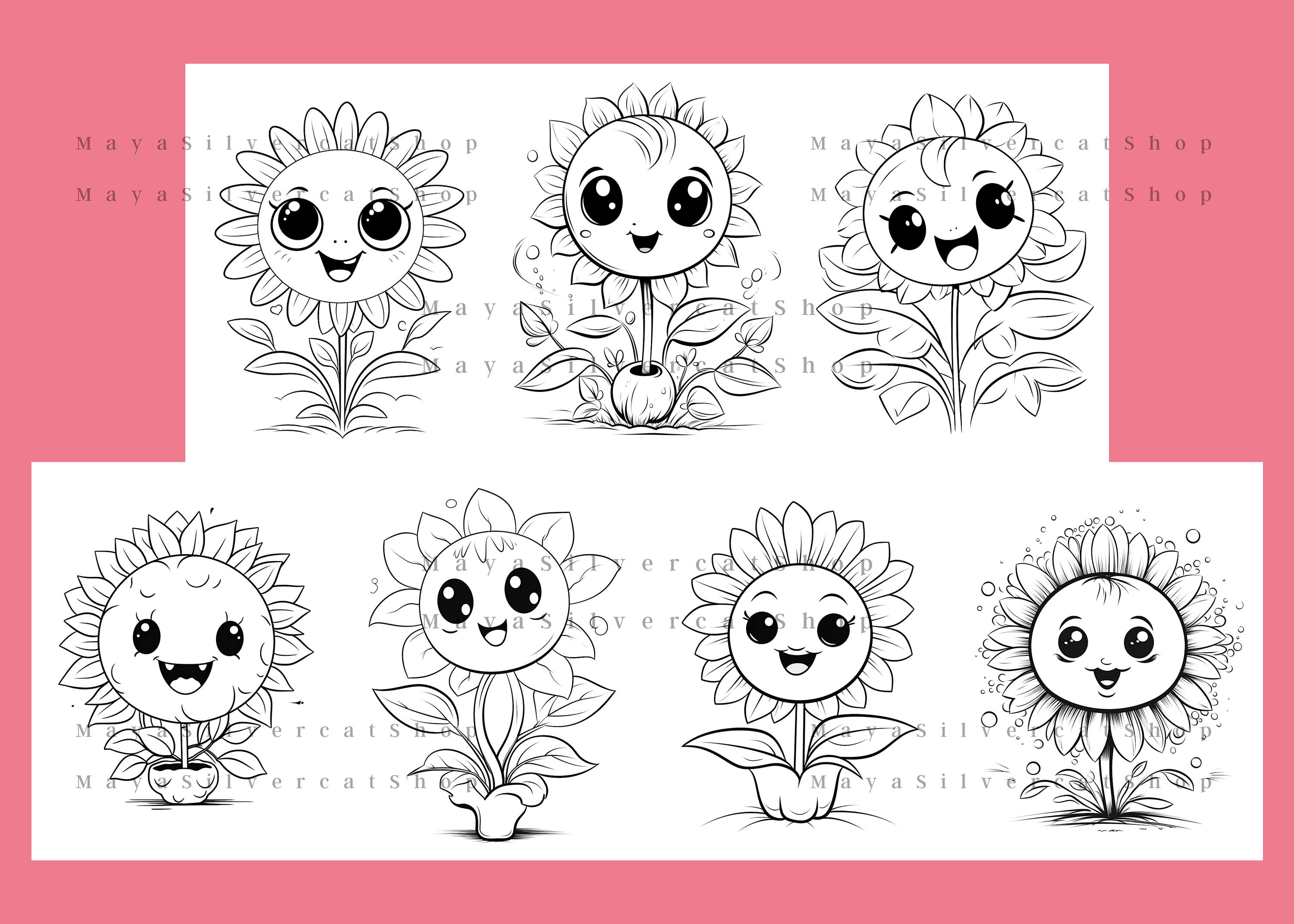 Kawaii Flowers, Coloring Pages for Kids / 15 Printable Pages / Instant ...