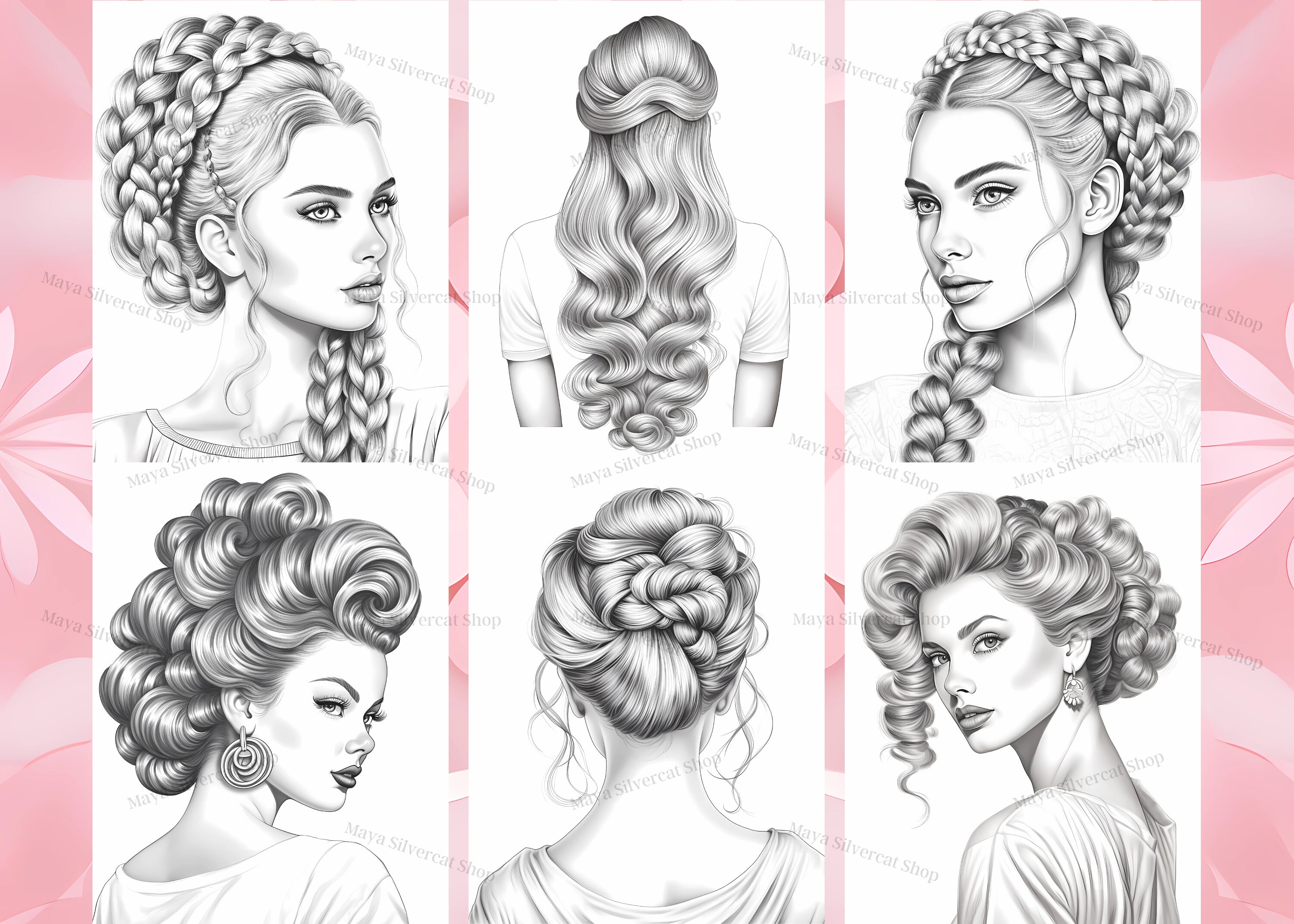Hair Styles, Braided Hair, Grayscale Coloring Pages for Adults / 36 ...