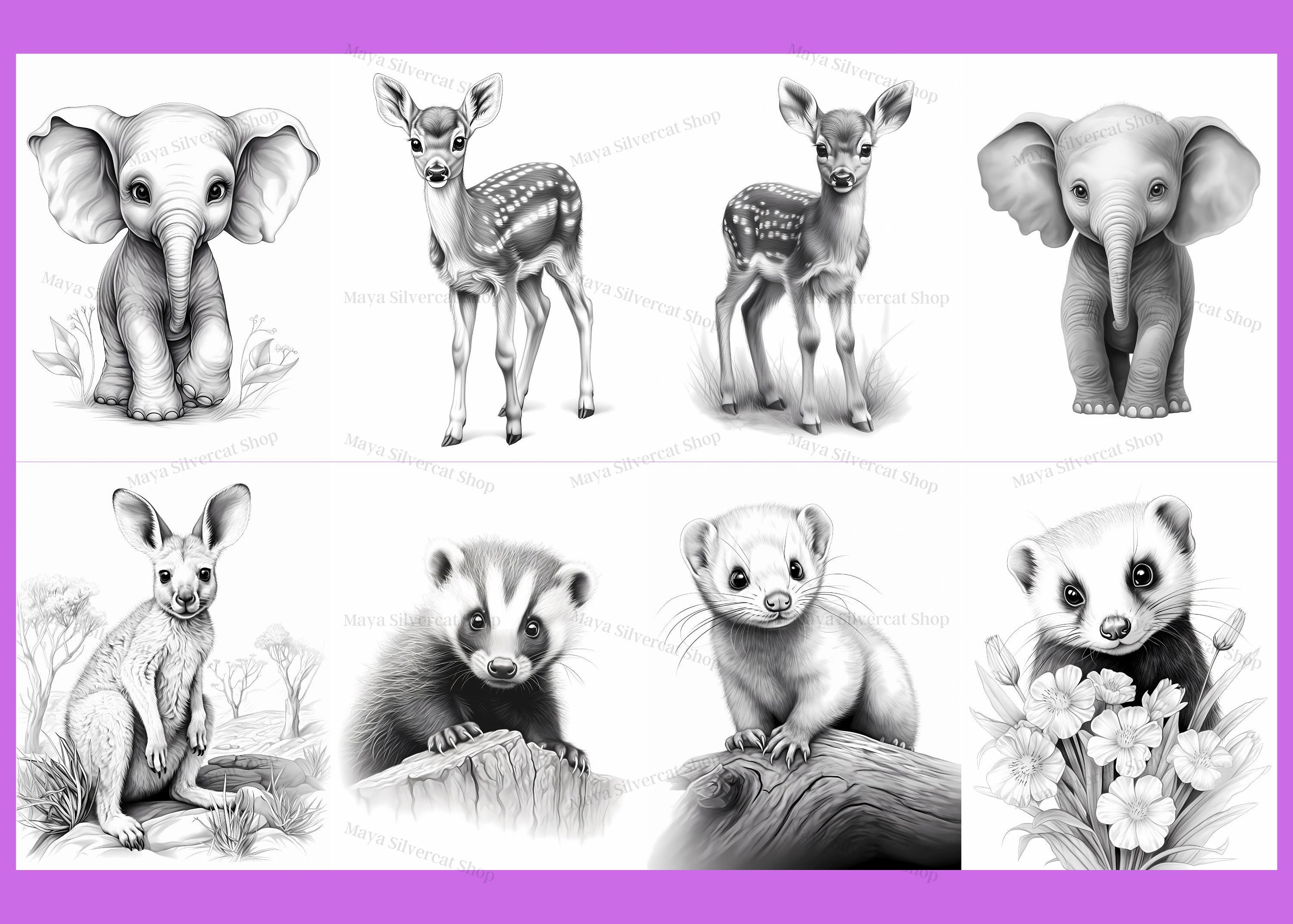 Realistic Baby Animals, Grayscale Coloring Pages for Adults / 53 ...