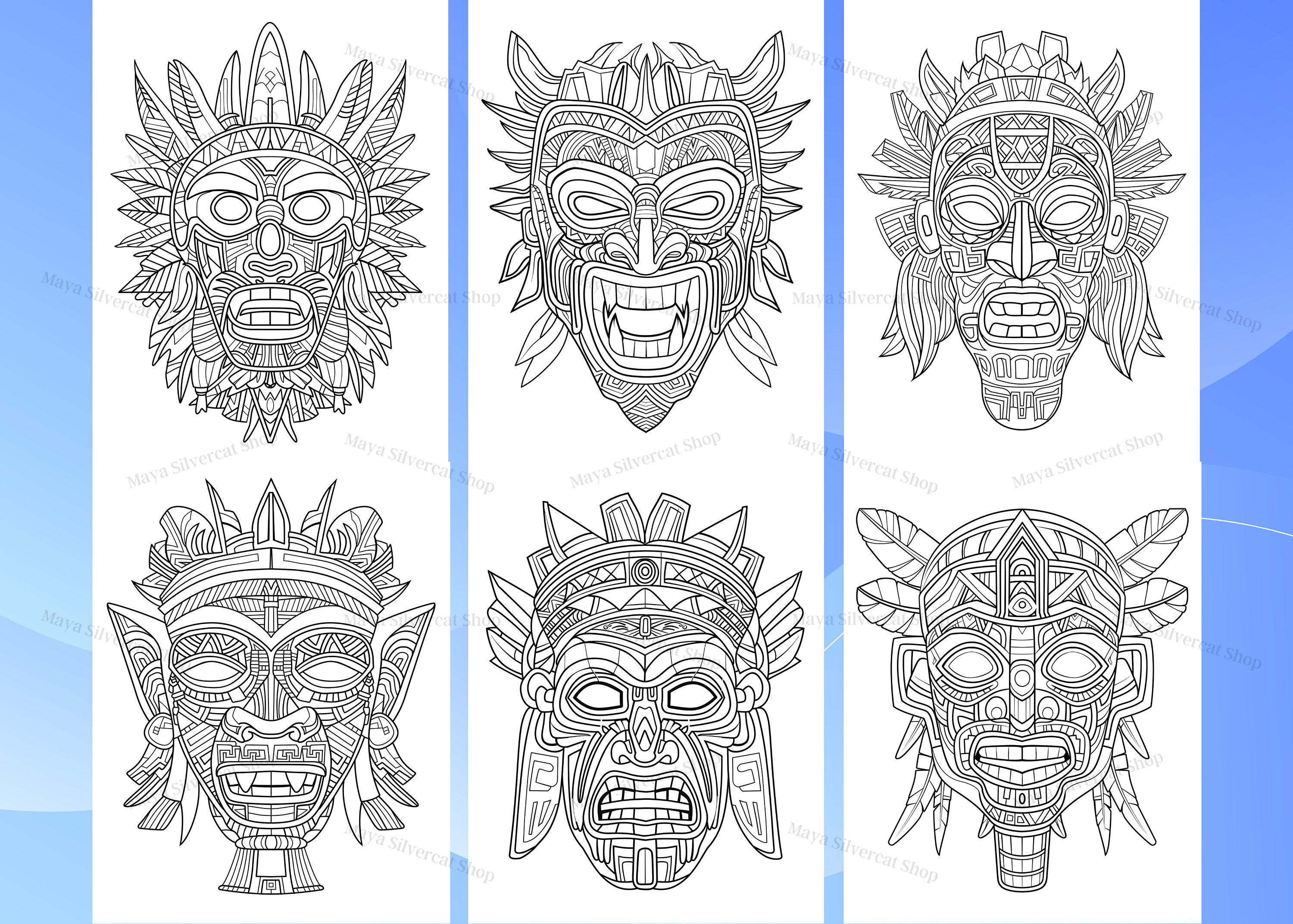 Mayan & Aztec Masks, Coloring Pages for Adults / 48 Printable Pages ...