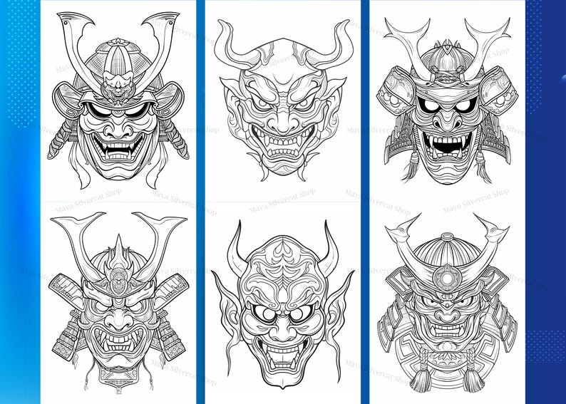 Japanese Demon Masks, Oni Samurai, Coloring Pages for Adults | 42 ...