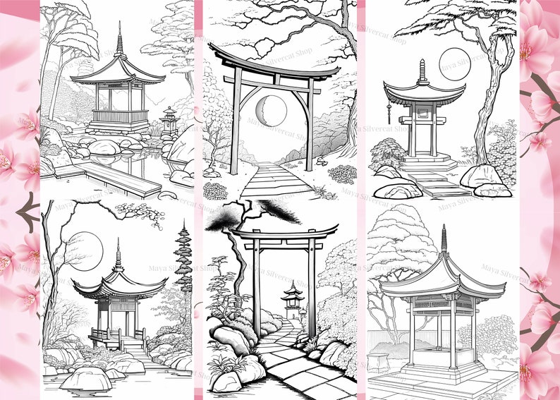 Japanese Gates & Shrines, Coloring Pages for Adults / 25 Printable ...