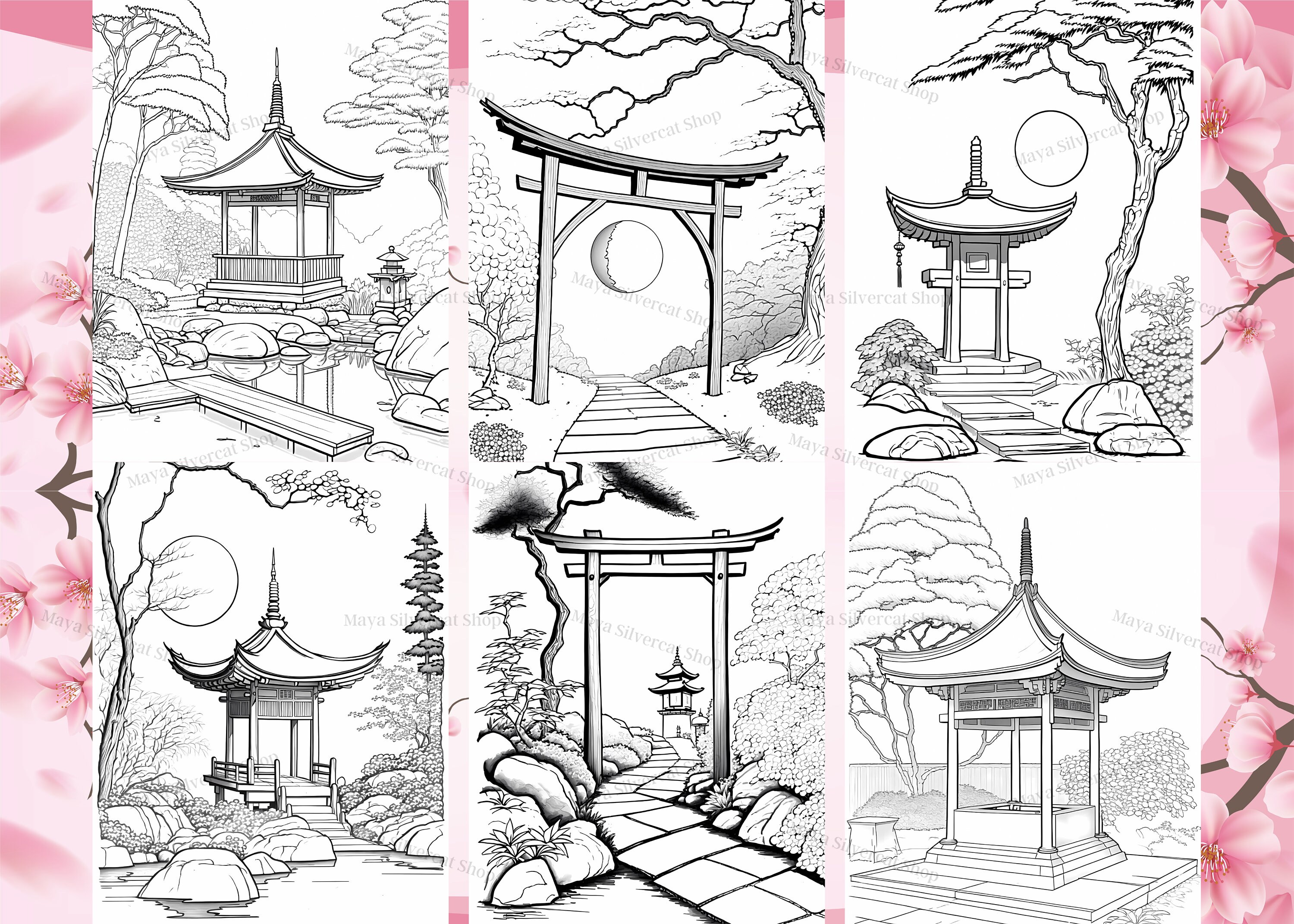 Japanese Gates & Shrines, Coloring Pages for Adults / 25 Printable ...