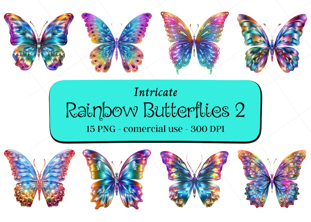 15 Intricate Rainbow Butterflies Clipart Set2 / Instant Download ...