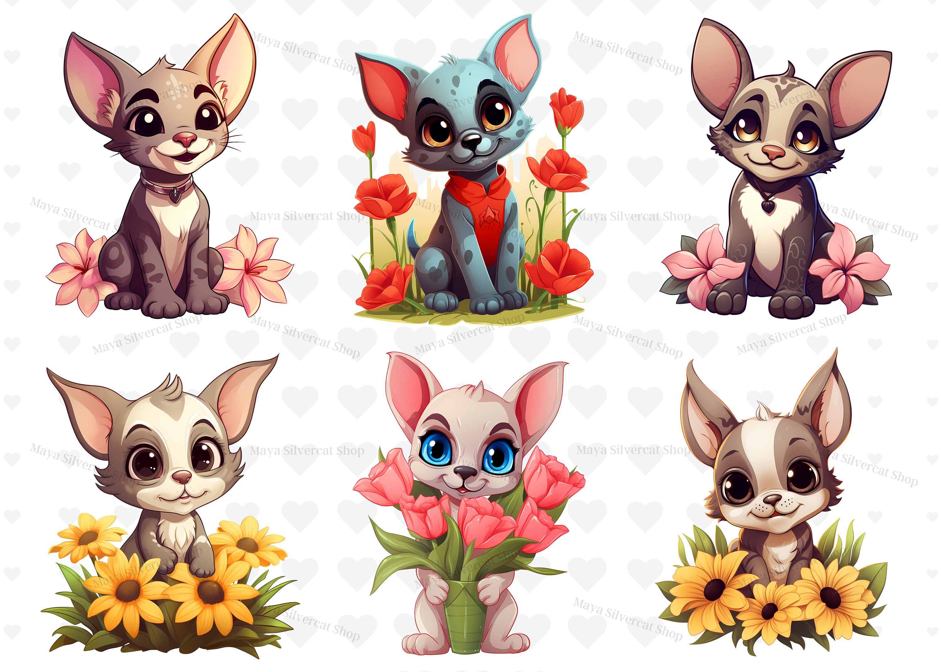 20 Cartoon Sphinx Cats With Flowers Clipart Set2 | Instant Download ...