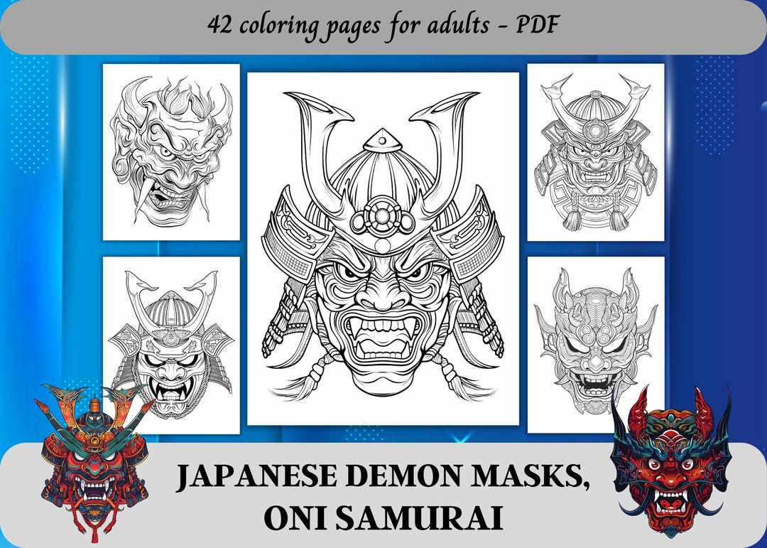 Japanese Demon Masks, Oni Samurai, Coloring Pages for Adults | 42 ...