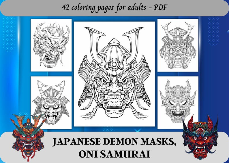 Japanese Demon Masks, Oni Samurai, Coloring Pages for Adults | 42 ...