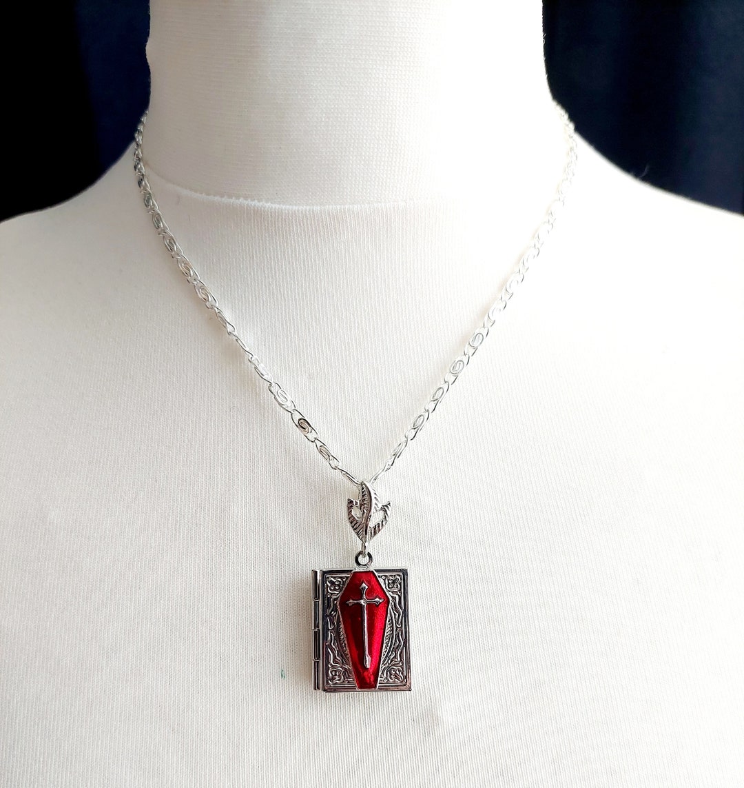 Handmade Silver Tone Gothic Vampire Book Coffin Locket Charm Necklace ...