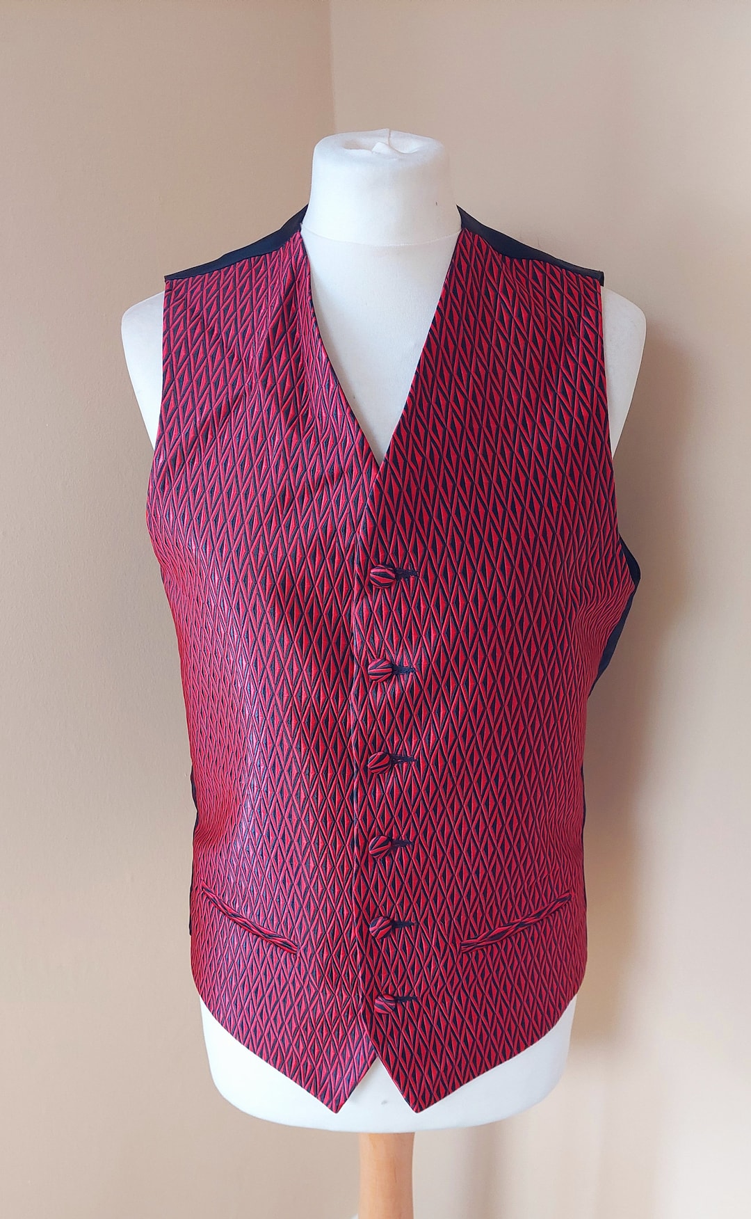 Vintage Gothic Steampunk Red and Black Diamond Style Mens Waistcoat Top ...