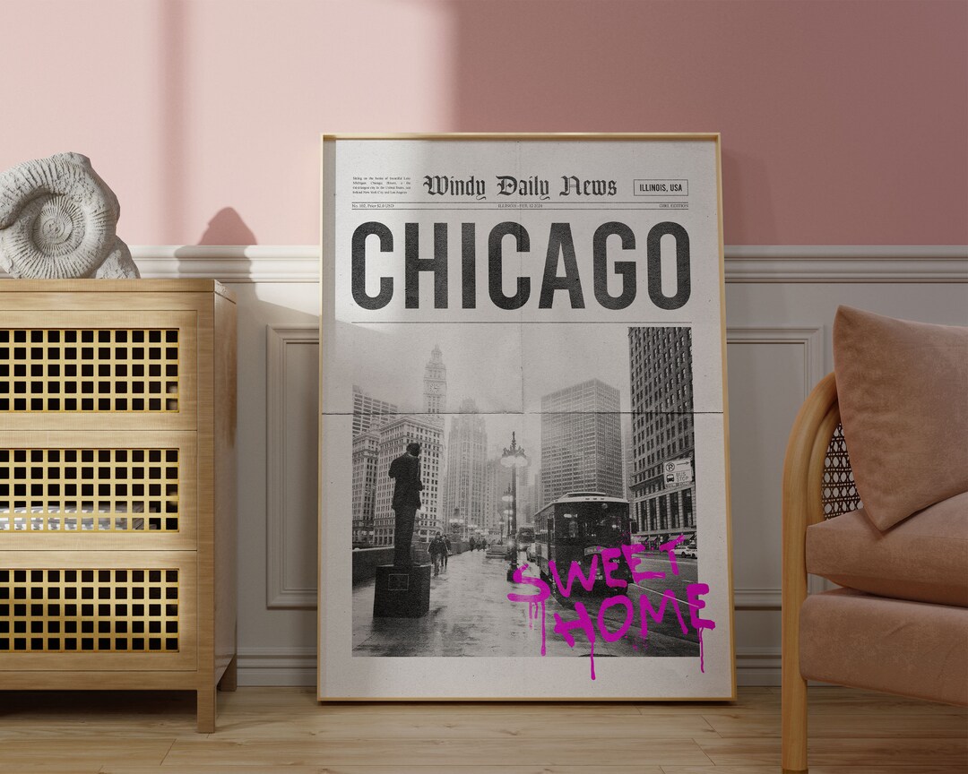 Chicago Wall Art Newspaper Chicago Poster Vintage Minimal Design Poster ...
