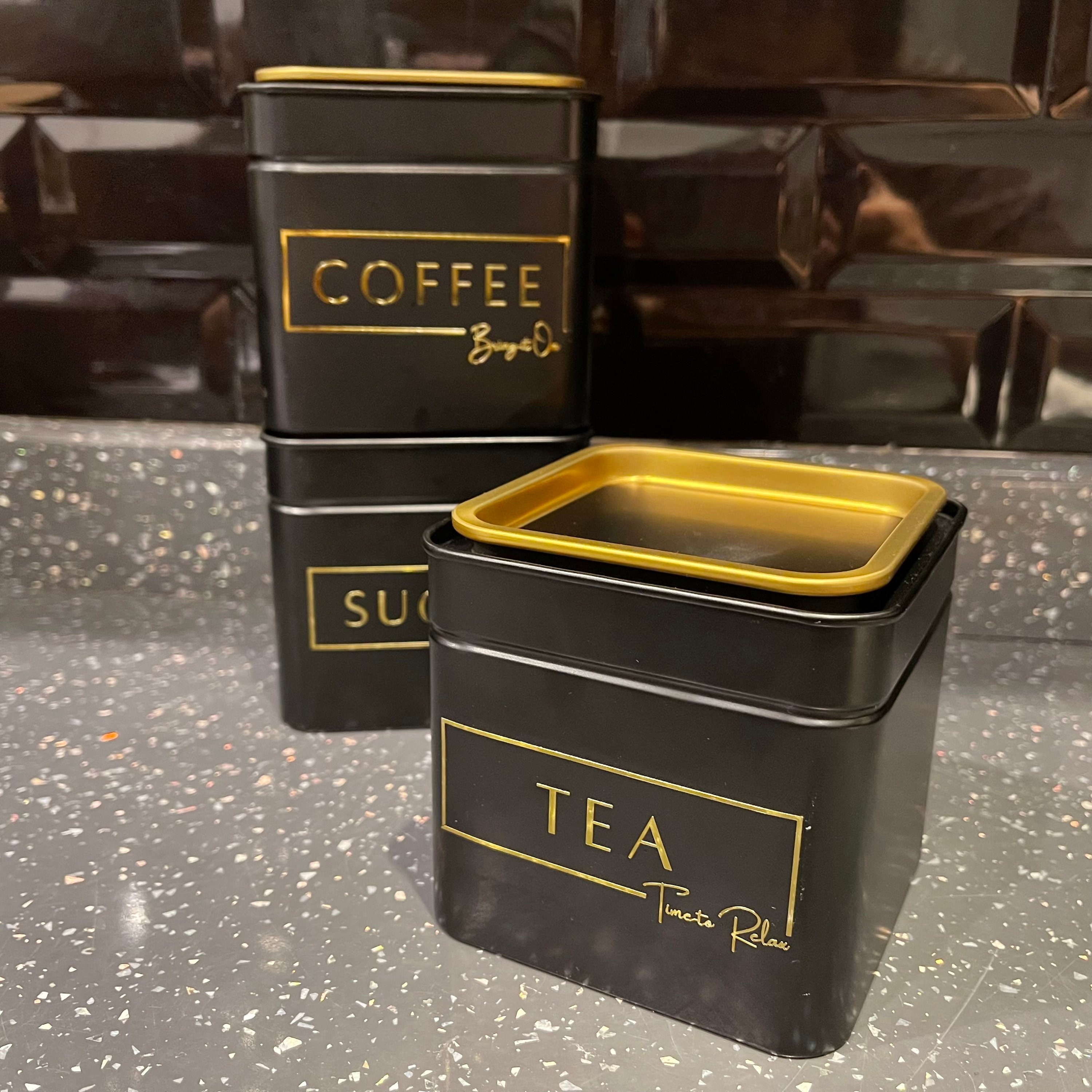 Black Stacking Tea Coffee Sugar Metal Canister Tins Set Gold - Etsy UK