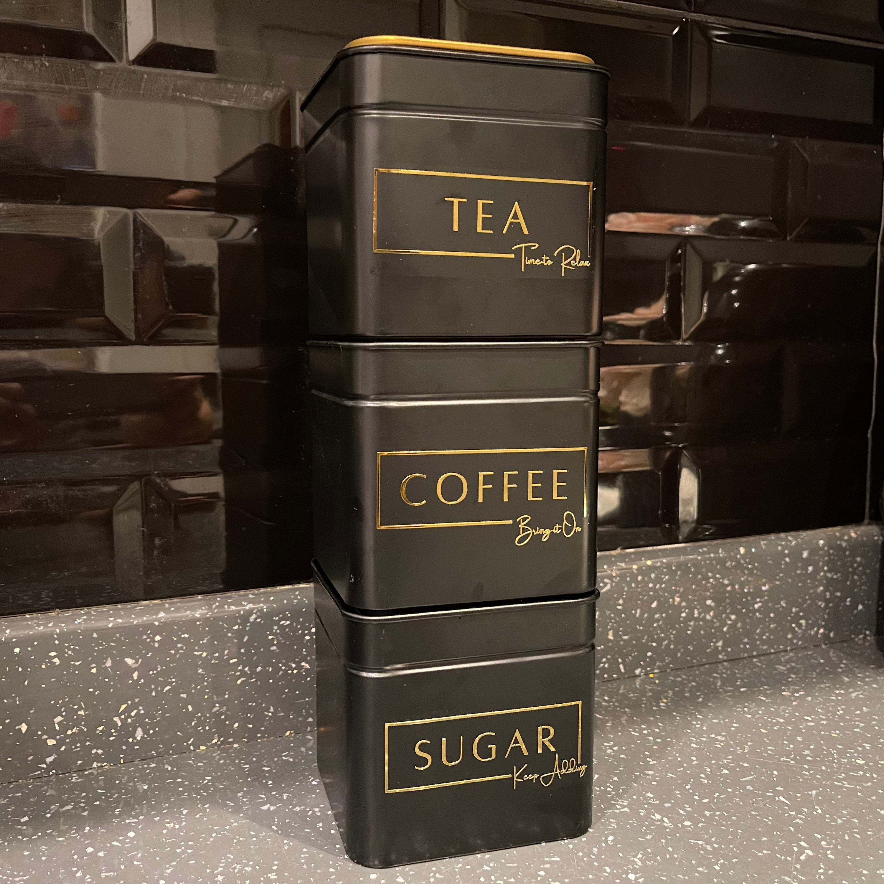 Black Stacking Tea Coffee Sugar Metal Canister Tins Set Gold - Etsy UK