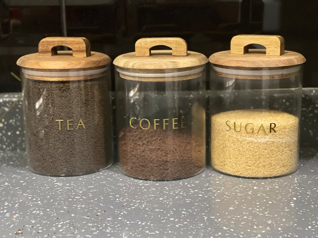 Set of 3 Glass Jars Tea Coffee Sugar Canisters Metal Gold Sticker ...