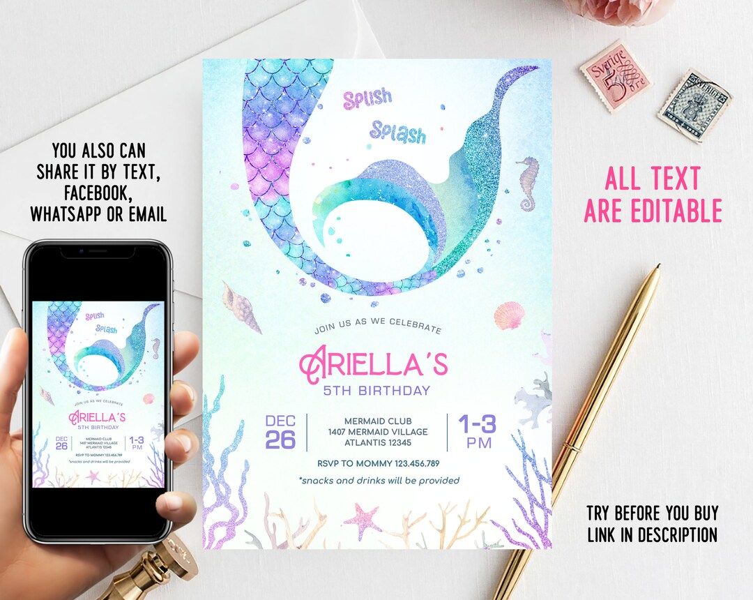 Digital Mermaid Birthday Party | Invitation for Girl Template Printable ...