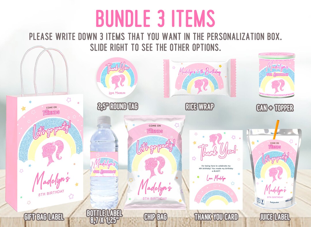 Bundle 3 Items Girl's Rainbow Party Pack Edit Yourself - Etsy