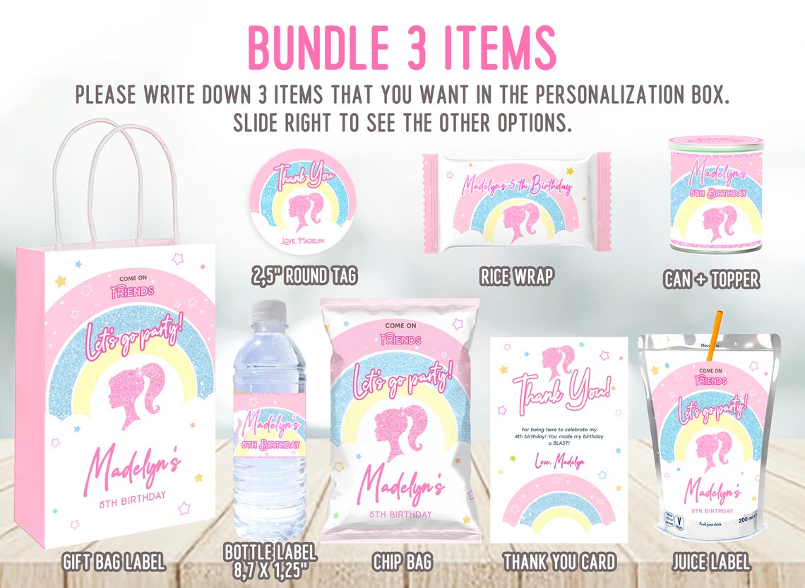 Bundle 3 Items Girl's Rainbow Party Pack Edit Yourself - Etsy