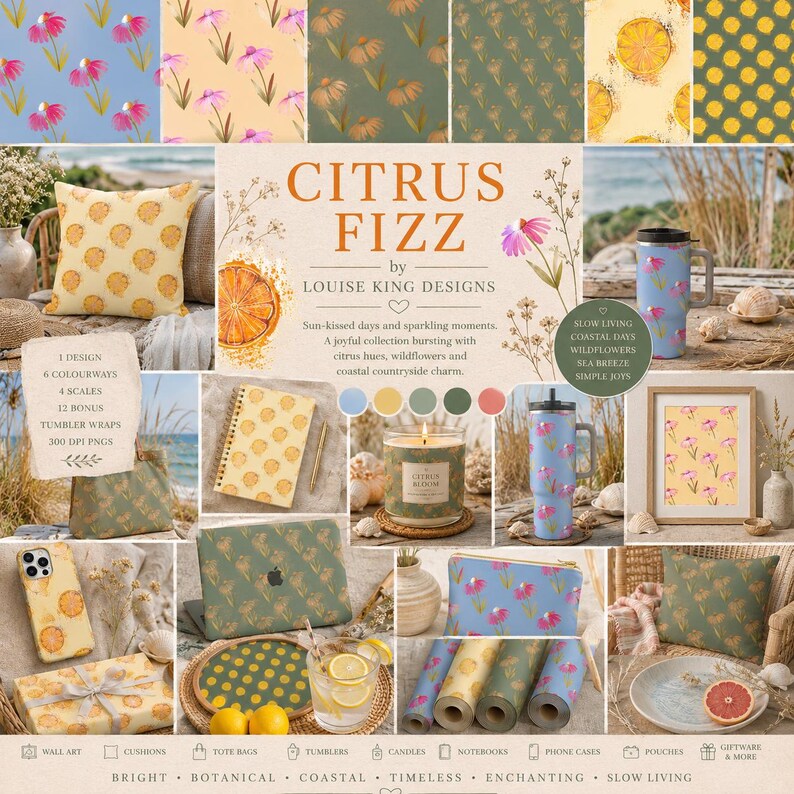 Citrus Fizz Seamless Pattern, Lemon Orange Slice, Boho Kitchen Design ...