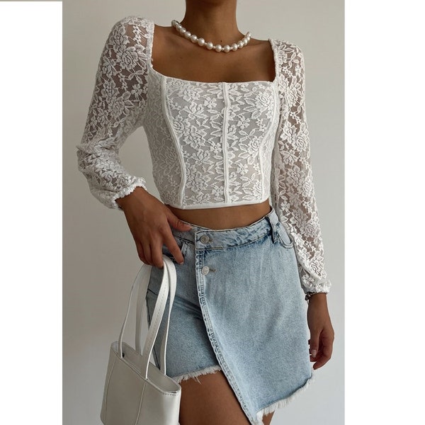 White Lace Crop Top - Etsy
