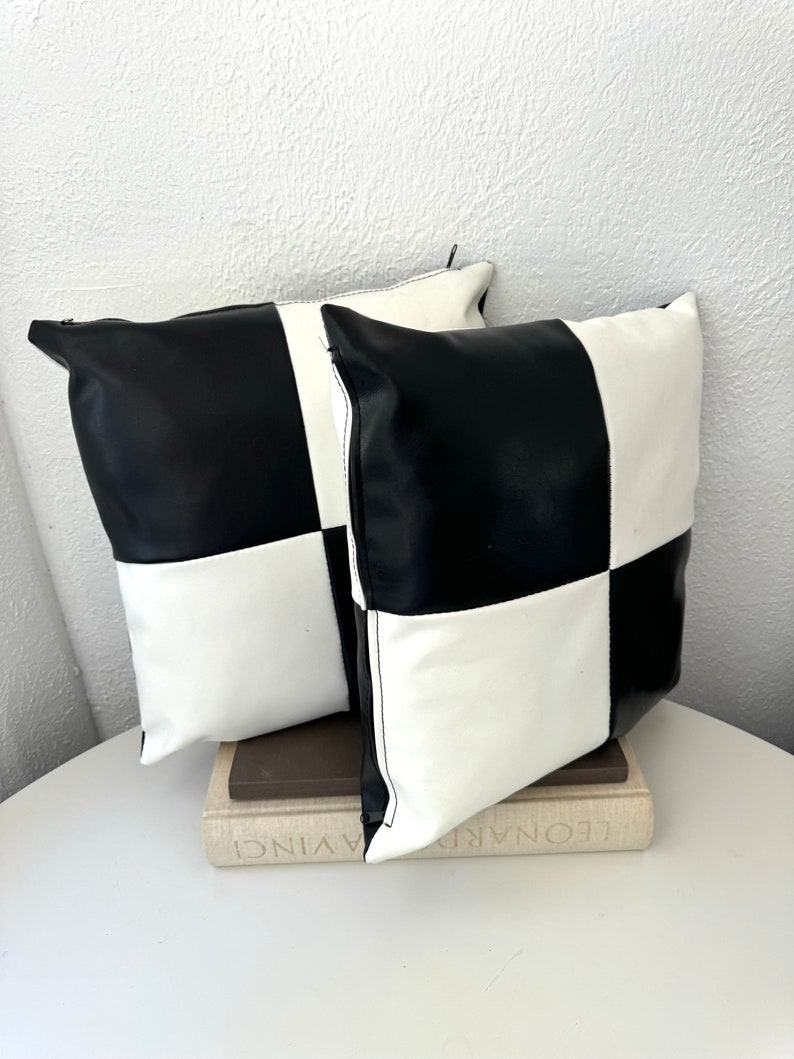 Black + White Checkered Faux Leather Pillows | Set 2 - Etsy