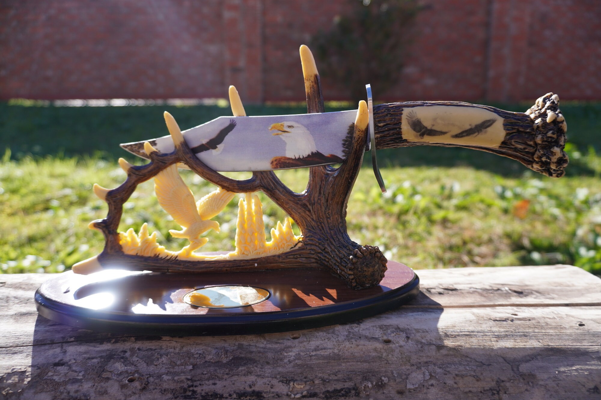 12 Inch Carved and Engraved Eagle Themed Knife, Unique Decorative Bowie Knife With Carved Antler ...