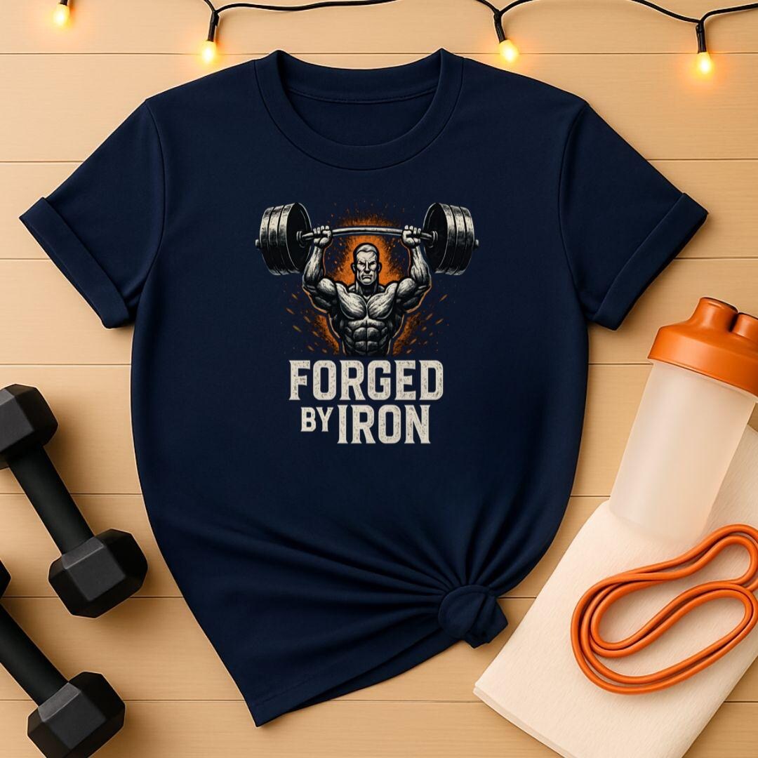 Powerlifting Men's Gym T-shirt, Forged by Iron Overhead Press Design ...