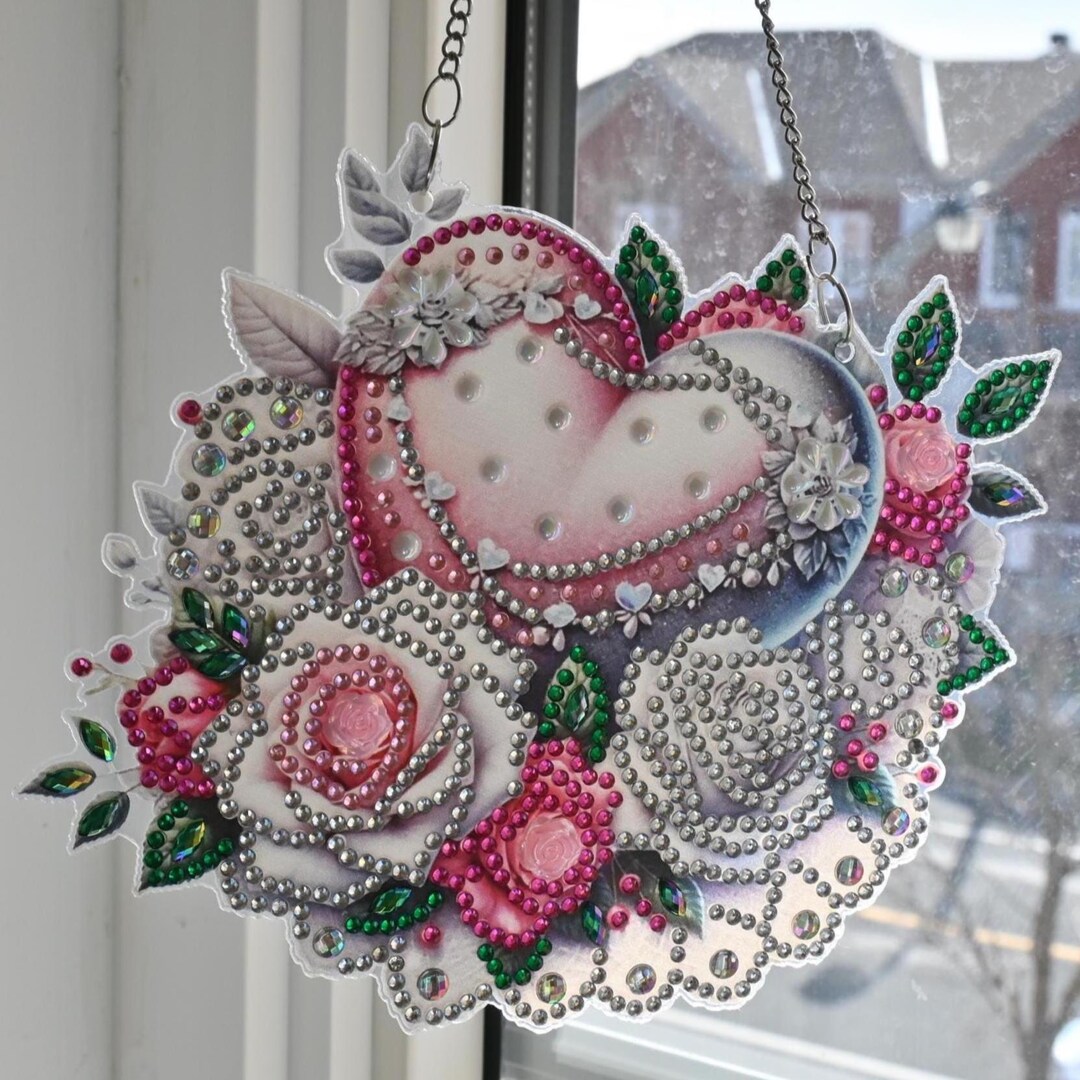 Heart & Rose Diamond Art Pendant: Crystal Hanging Ornament - Etsy