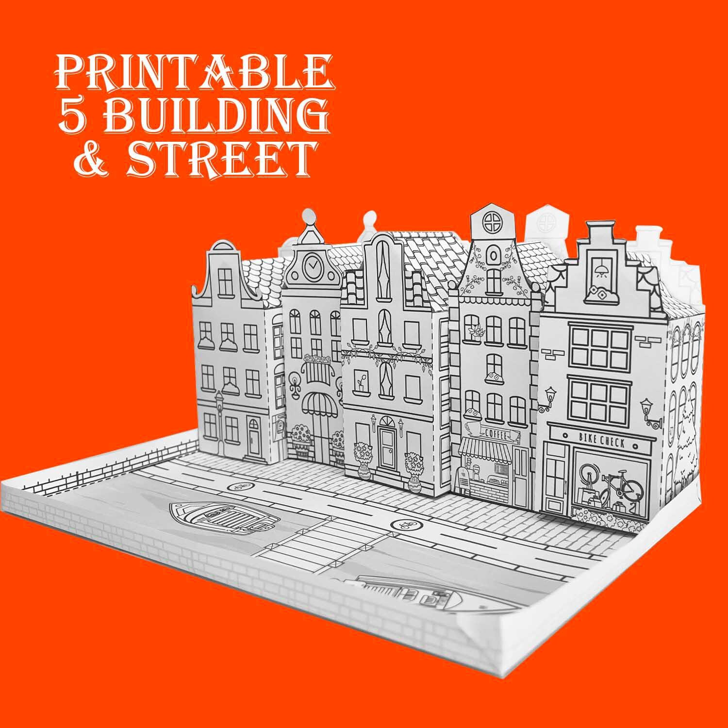 Printable Coloring 5 Buildings and Old Town Street, Printable Paper ...