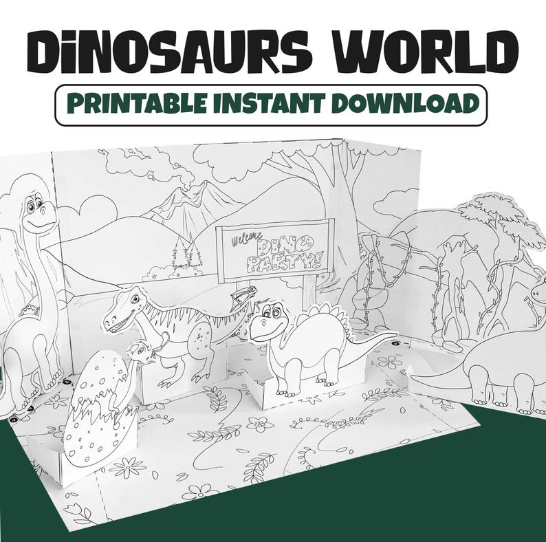 Printable 3D Dinosaur Set for Kids – Color & Assemble Prehistoric Scene ...