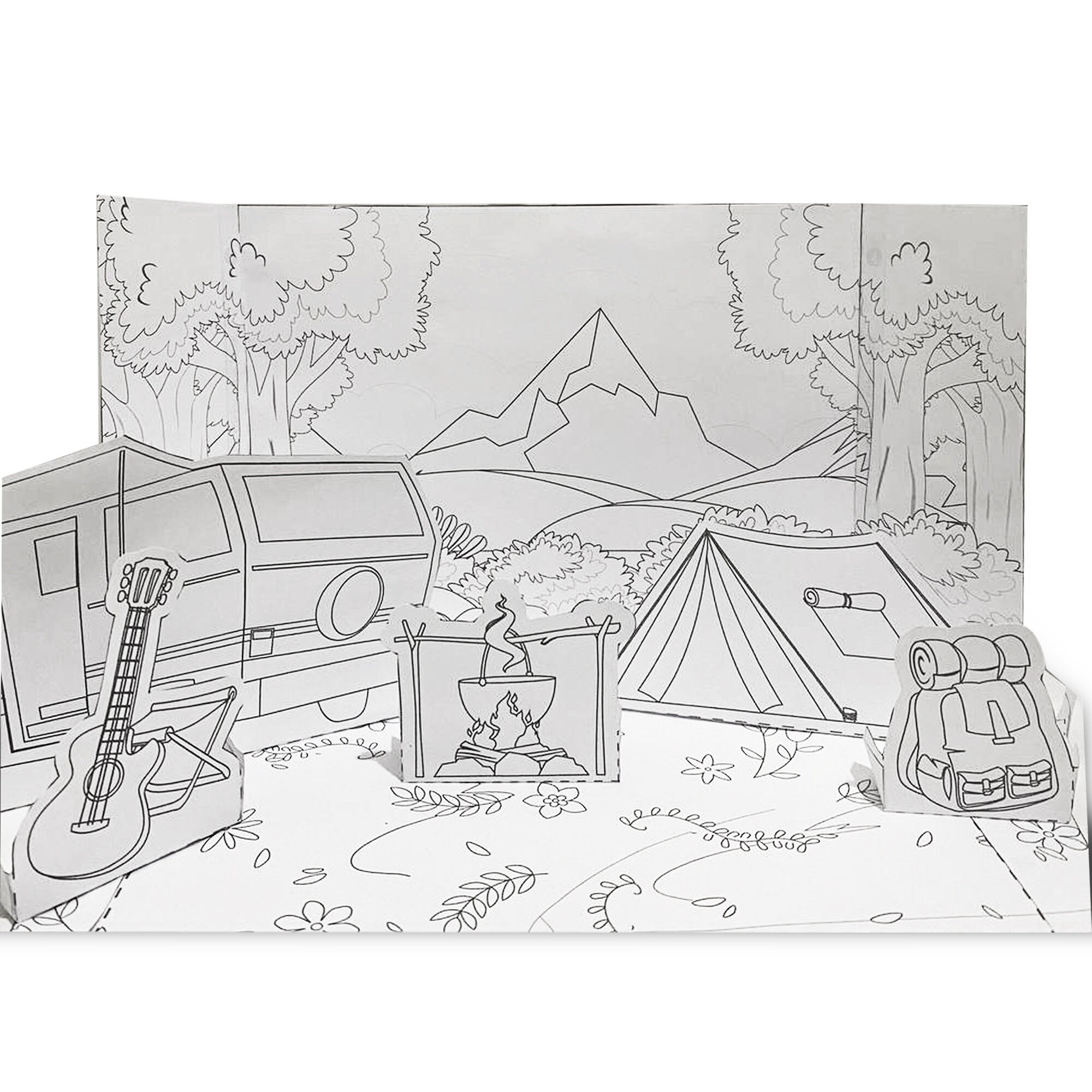 Printable Coloring 3D Camping Scene, Paper Craft for Kid, Paintable ...