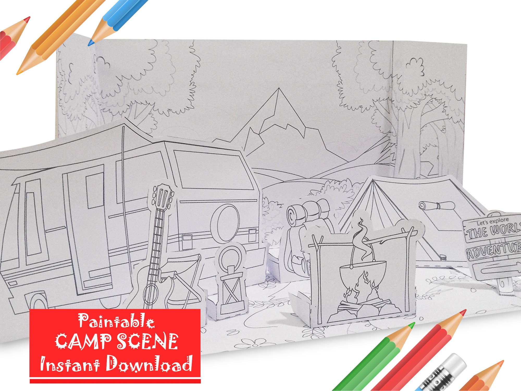 Printable Coloring 3D Camping Scene, Paper Craft for Kid, Paintable ...