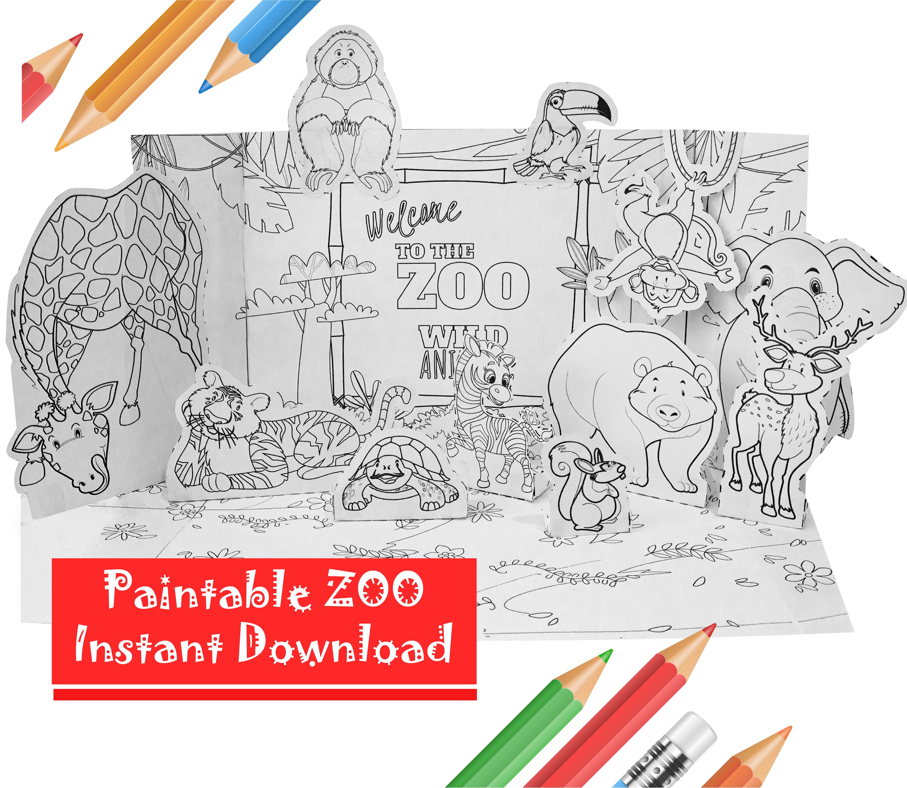 Printable Coloring 3D Zoo With Safari Animals, Paper Craft for Kid ...