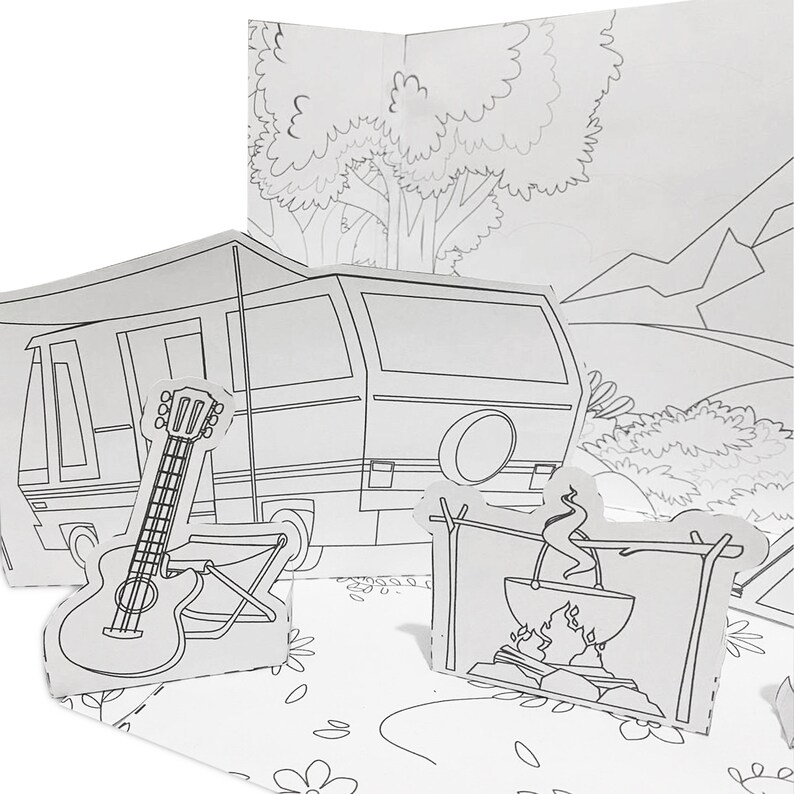 Printable Coloring 3D Camping Scene, Paper Craft for Kid, Paintable ...