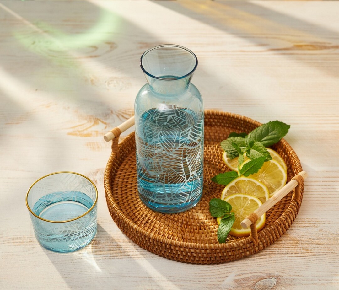 Bedside Water Carafe Glass Set With Tumbler 700ml, Sea Blue Design All ...