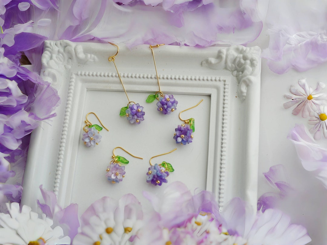 Purple Hydrangea Earrings Cute Earrings Floral Earrings Kawaii Earrings ...