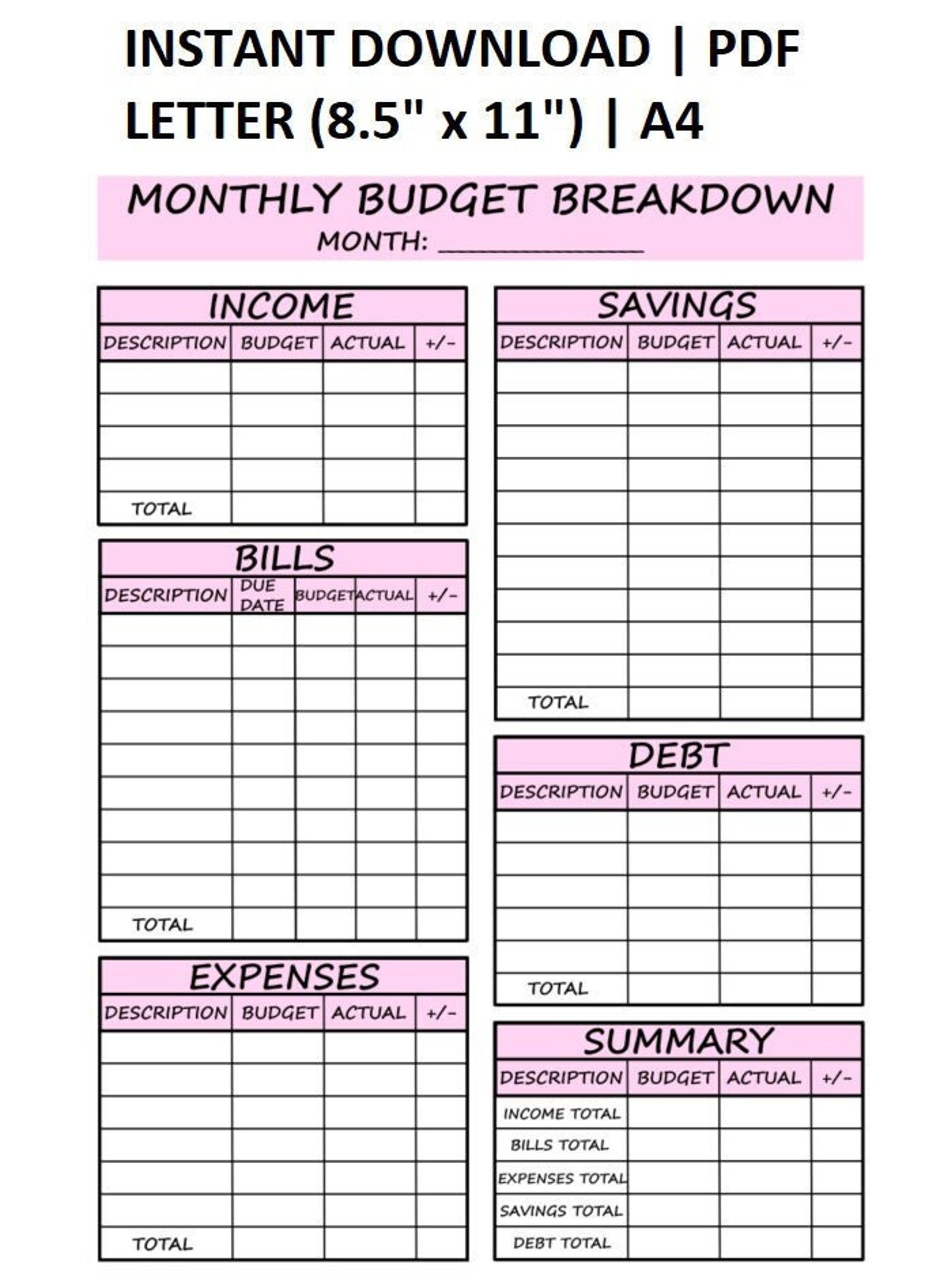PRINTABLE Monthly Budget Breakdown Pink Instant Download | Etsy