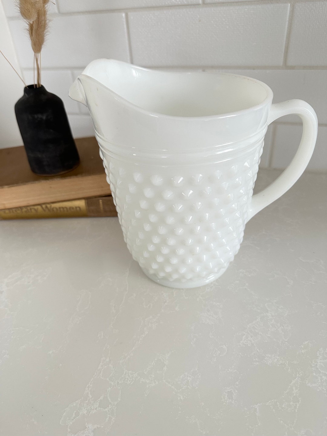 Vintage Anchor Hocking Milk Glass Hobnails Water Pitcher/ Utensils ...