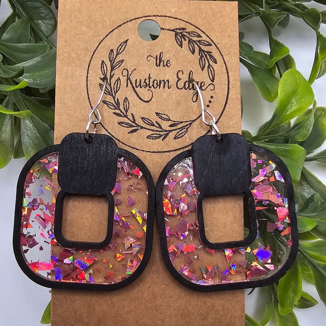 Acrylic Inlay Square Dangle Earrings, Wooden Border Acrylic Inset ...